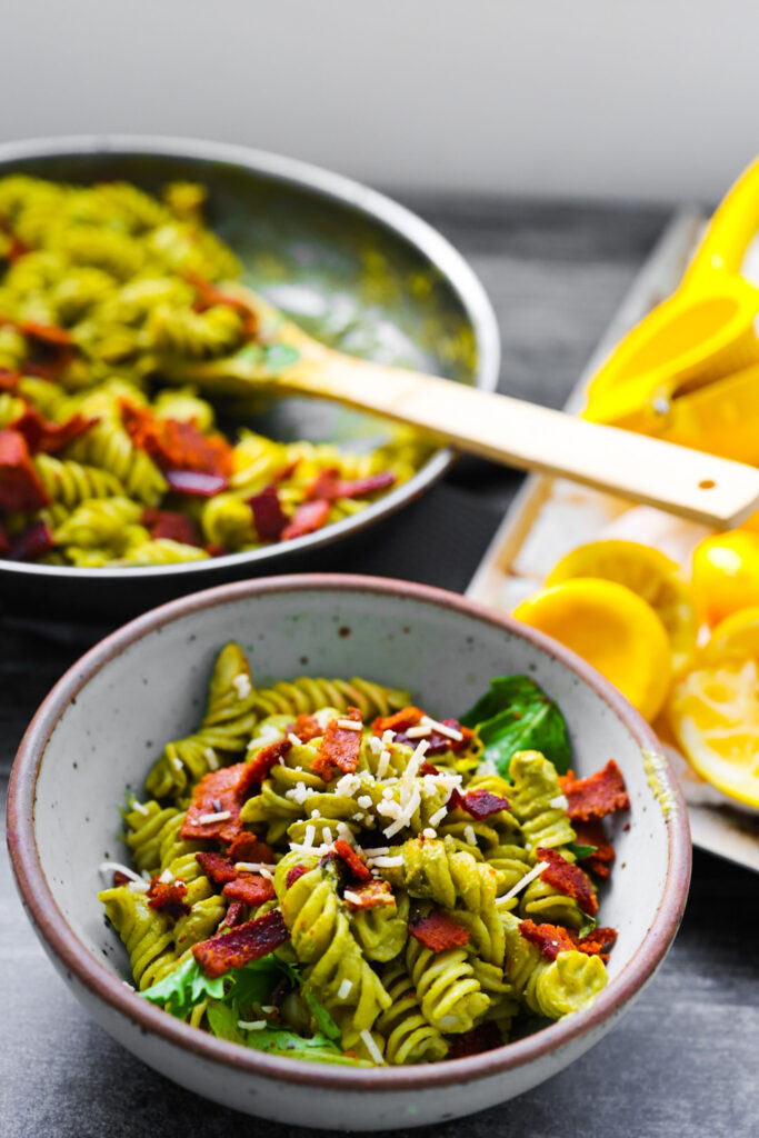 Fusilli with Pesto and Crispy Vegan Bacon - HealthyHappyLife.com